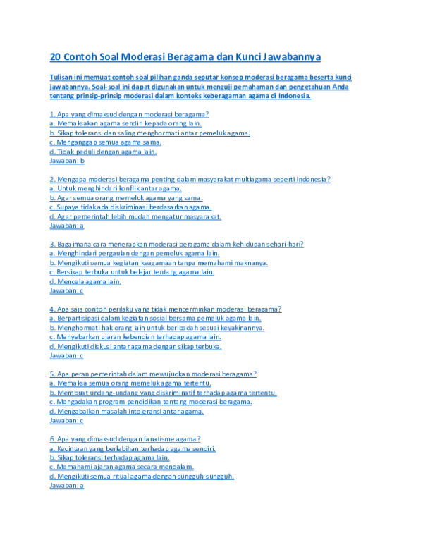 (PDF) Contoh Soal Moderasi Beragama dan Kunci Jawabannya