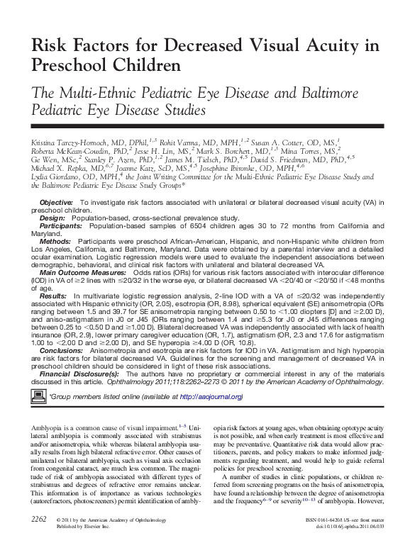 (PDF) Risk Factors for Decreased Visual Acuity in Preschool Children