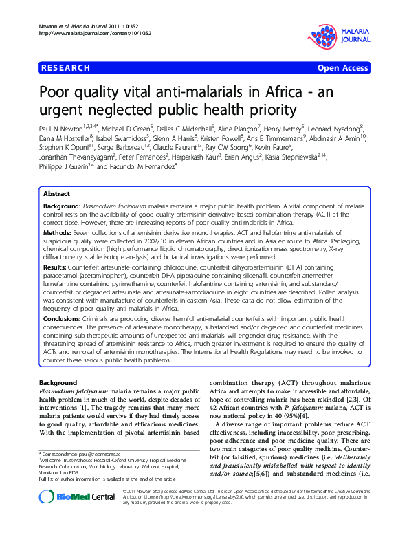 (PDF) Poor quality vital anti-malarials in Africa - an urgent neglected ...
