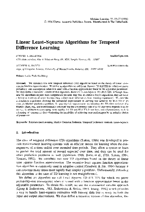 (PDF) Linear Least-Squares algorithms for temporal difference learning