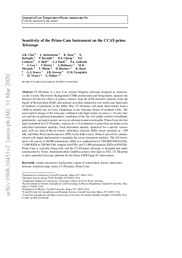 (PDF) Sensitivity of the Prime-Cam Instrument on the CCAT-Prime Telescope