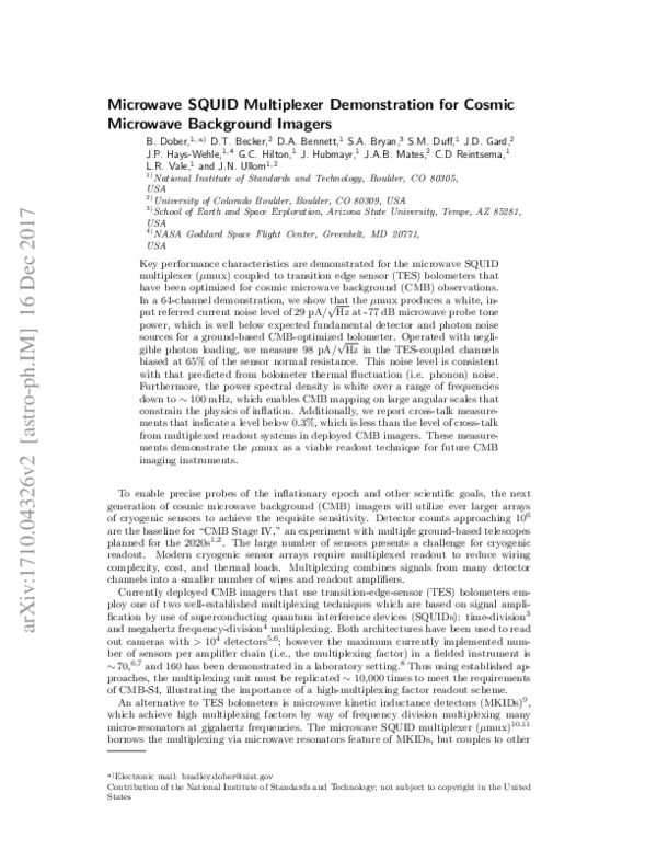 (PDF) Microwave SQUID Multiplexer for Cosmic Microwave Background Imagers | Shannon Duff ...