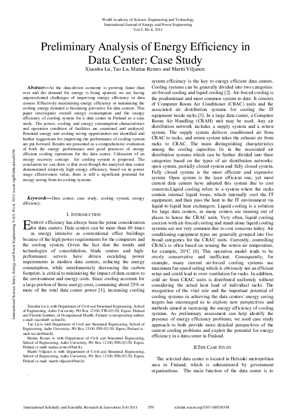 (PDF) Preliminary Analysis Of Energy Efficiency In Data Center: Case Study