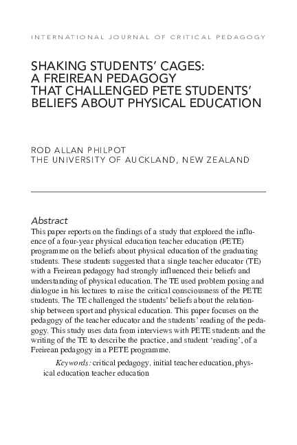 (PDF) Shaking Student's Cages: A Freirean pedagogy that influenced PETE ...