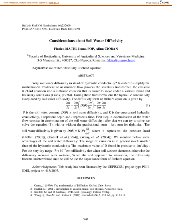 (PDF) Considerations about Soil Water Diffusivity