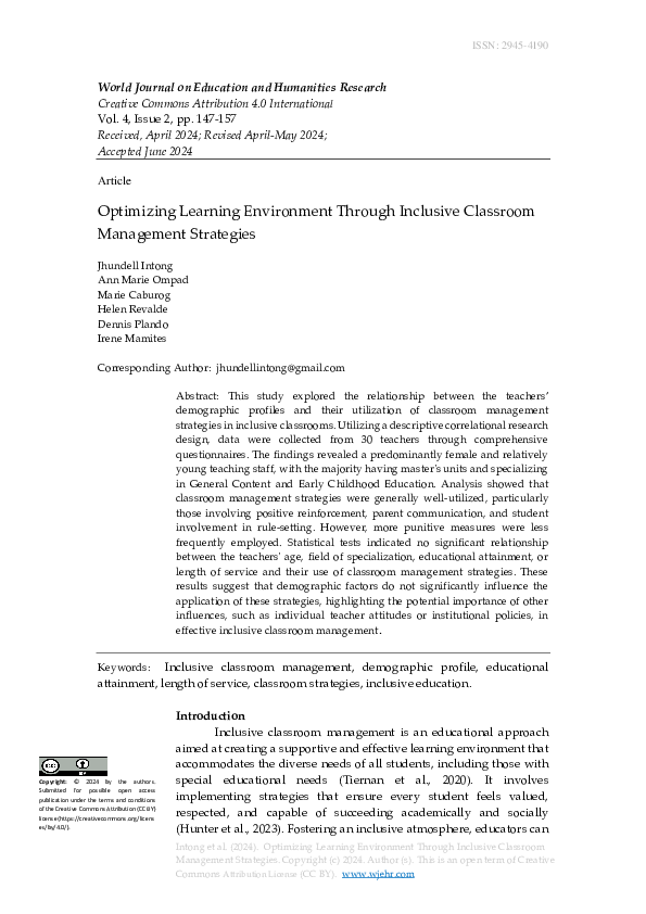 (PDF) Optimizing Learning Environment Through Inclusive Classroom Management Strategies