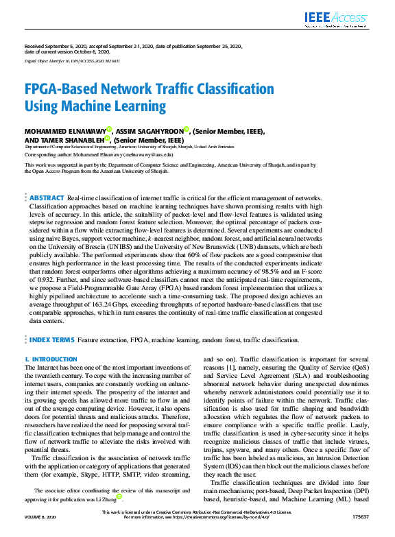 Pdf Fpga Based Network Traffic Classification Using Machine Learning