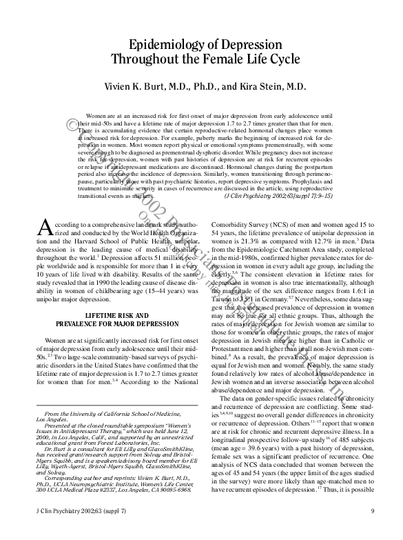 (PDF) Epidemiology of depression throughout the female life cycle