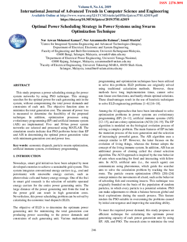 Pdf Optimal Power Scheduling Strategy In Power Systems Using Swarm Optimization Technique