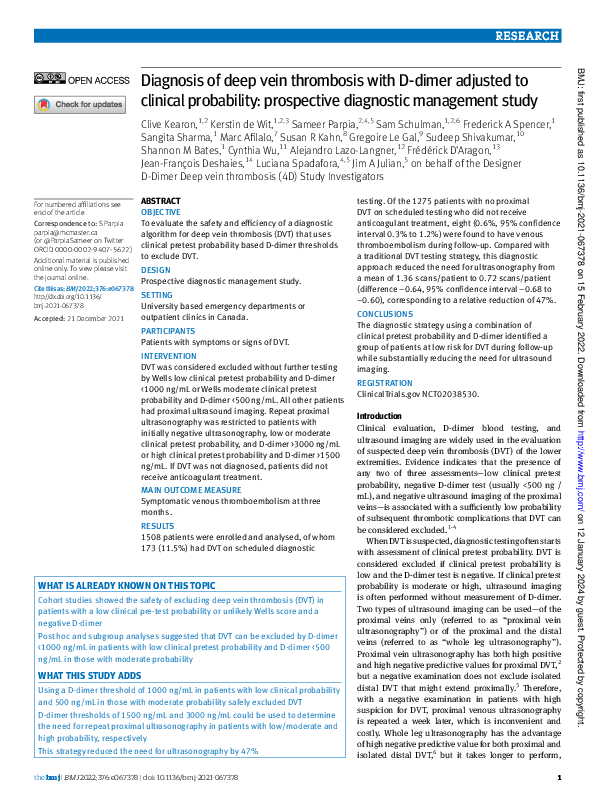(PDF) Diagnosis of deep vein thrombosis with D-dimer adjusted to ...