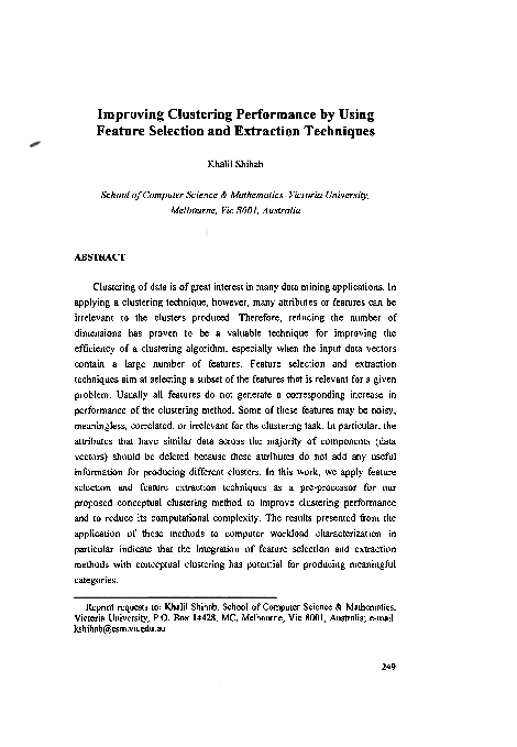 (PDF) Improving Clustering Performance by Using Feature Selection and Extraction Techniques
