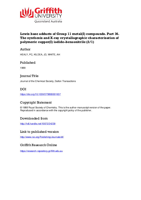(PDF) Lewis base adducts of Group 11 metal( I ) compounds. Part 36. The ...
