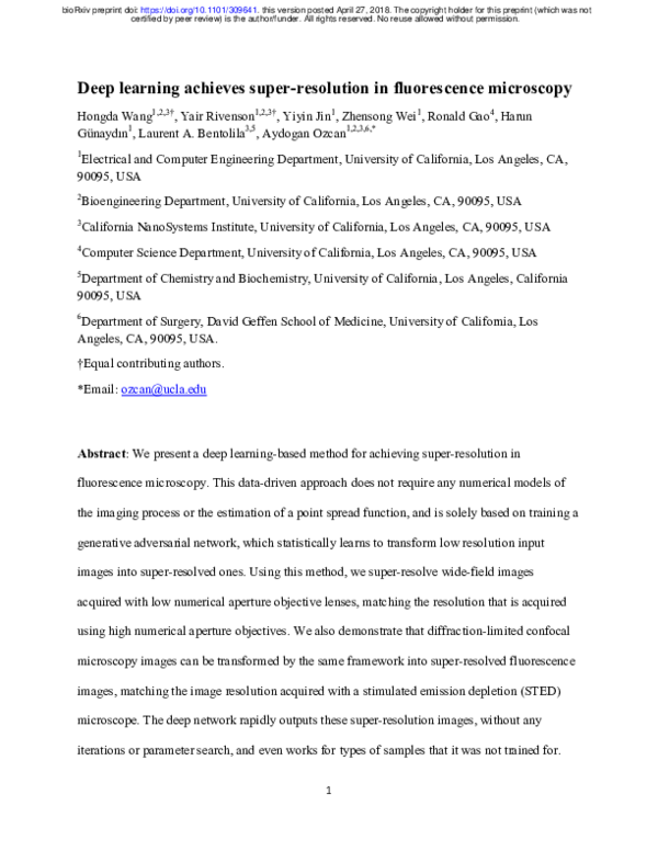 Pdf Deep Learning Achieves Super Resolution In Fluorescence Microscopy Laurent Bentolila