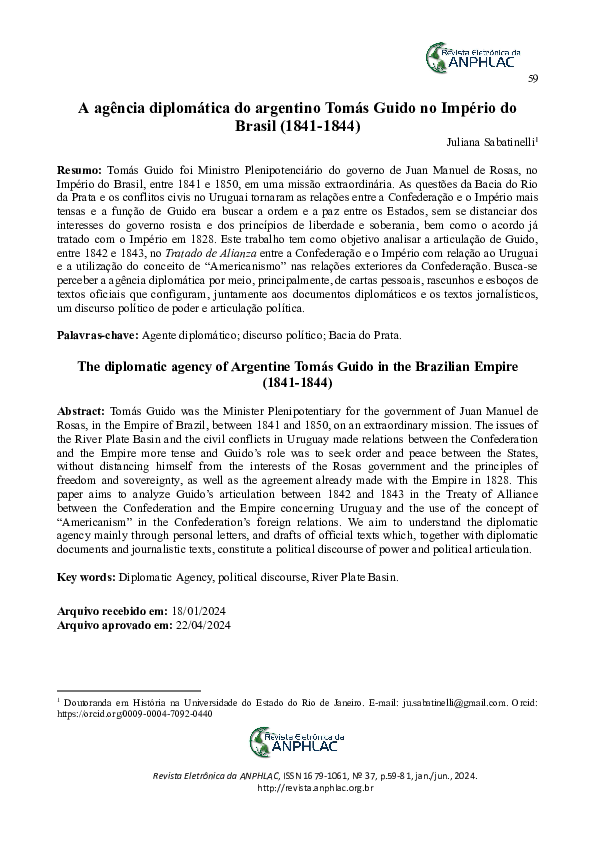 (PDF) A agência diplomática do argentino Tomás Guido no Império do Brasil (1841-1844