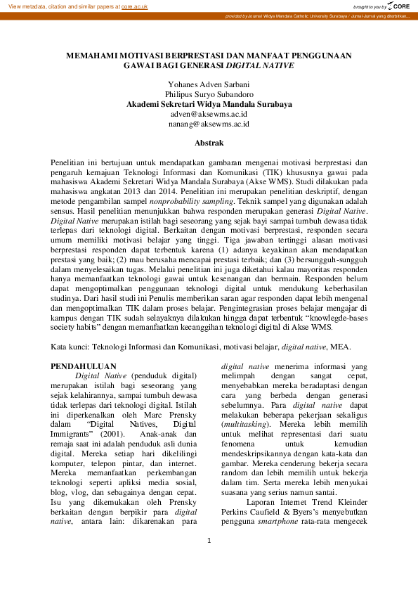 (PDF) Memahami Motivasi Berprestasi Dan Manfaat Penggunaan Gawai Bagi ...