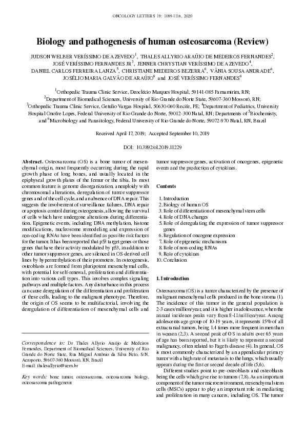 (PDF) Biology and pathogenesis of human osteosarcoma (Review)