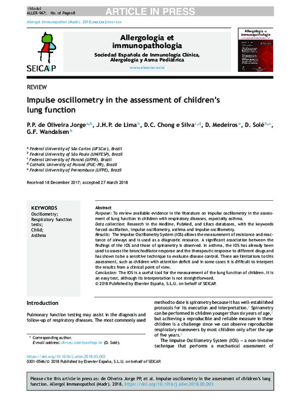 (PDF) Impulse oscillometry in the assessment of children's lung function