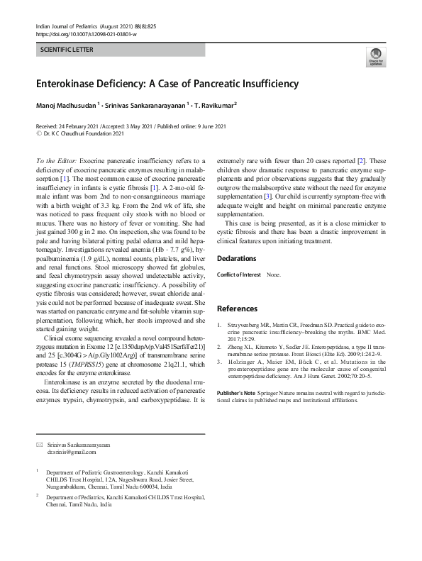 (PDF) Enterokinase Deficiency: A Case of Pancreatic Insufficiency