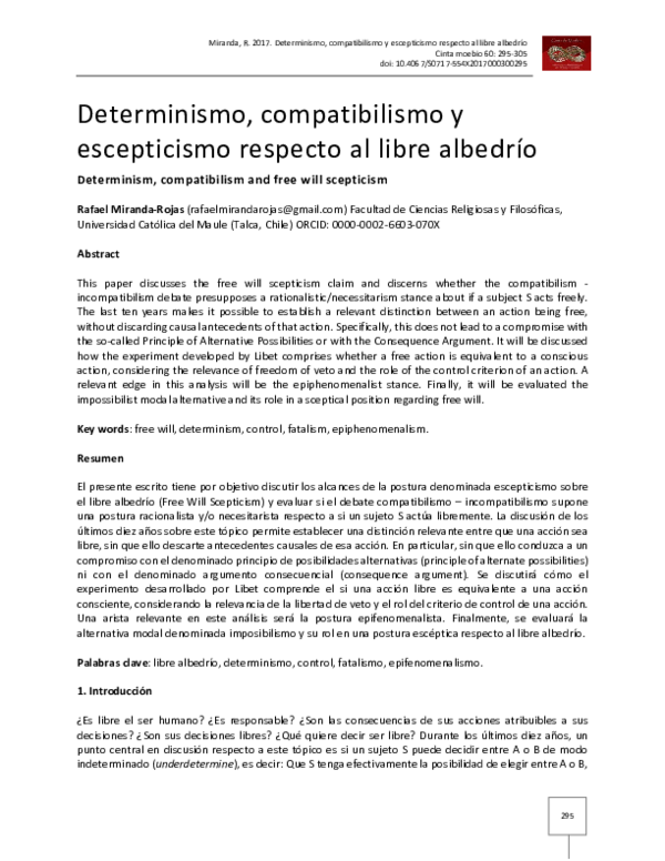 (PDF) Determinismo, compatibilismo y escepticismo respecto al libre albedrío