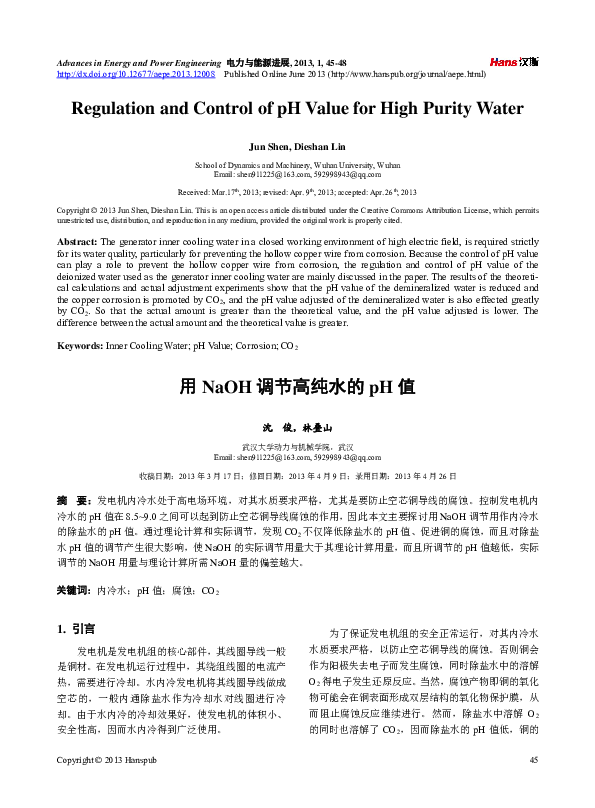 (PDF) Regulation and Control of pH Value for High Purity Water