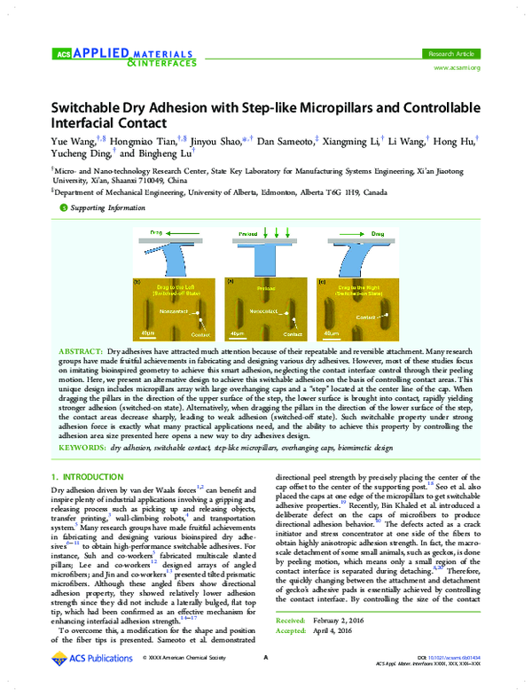 (PDF) Switchable Dry Adhesion with Step-like Micropillars and Controllable Interfacial Contact ...
