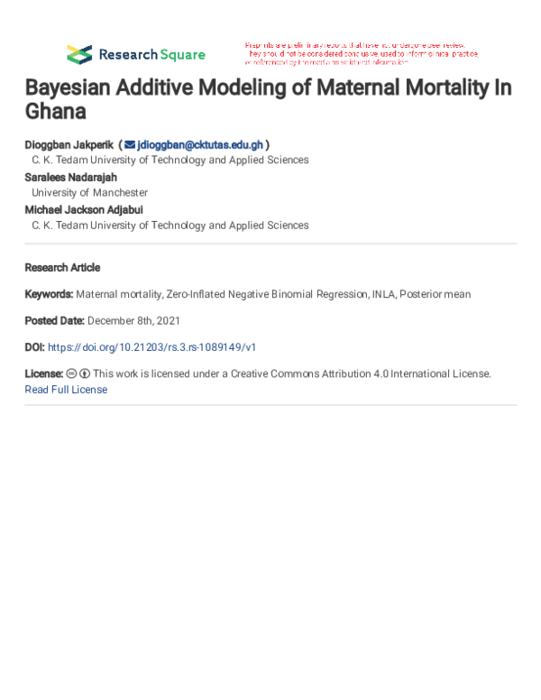 (PDF) Bayesian Additive Modeling of Maternal Mortality In Ghana | JAKPERIK DIOGGBAN - Academia.edu