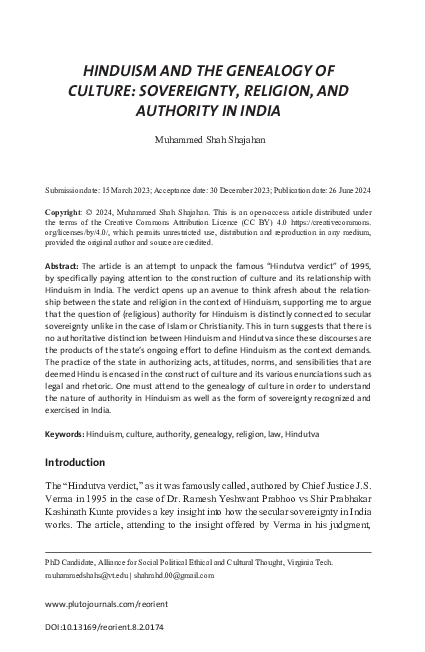 (PDF) Hinduism and the Genealogy of Culture: Sovereignty, Religion, and ...