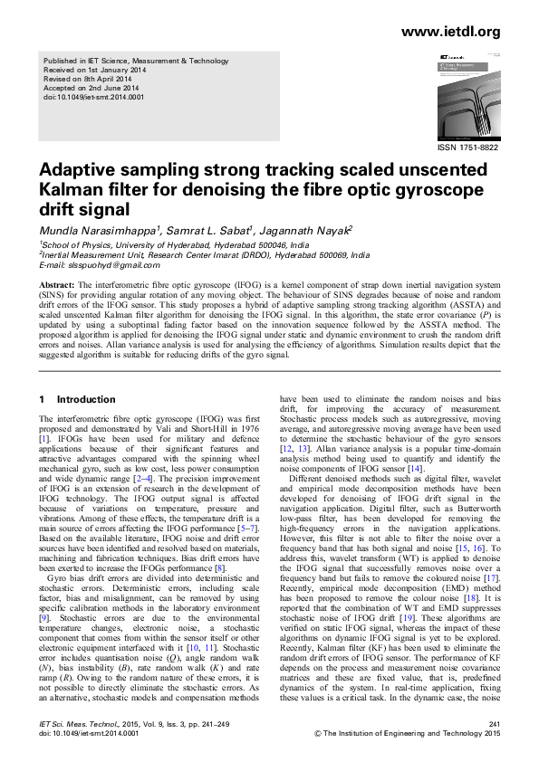 (PDF) Adaptive sampling strong tracking scaled unscented Kalman filter for denoising the fibre ...