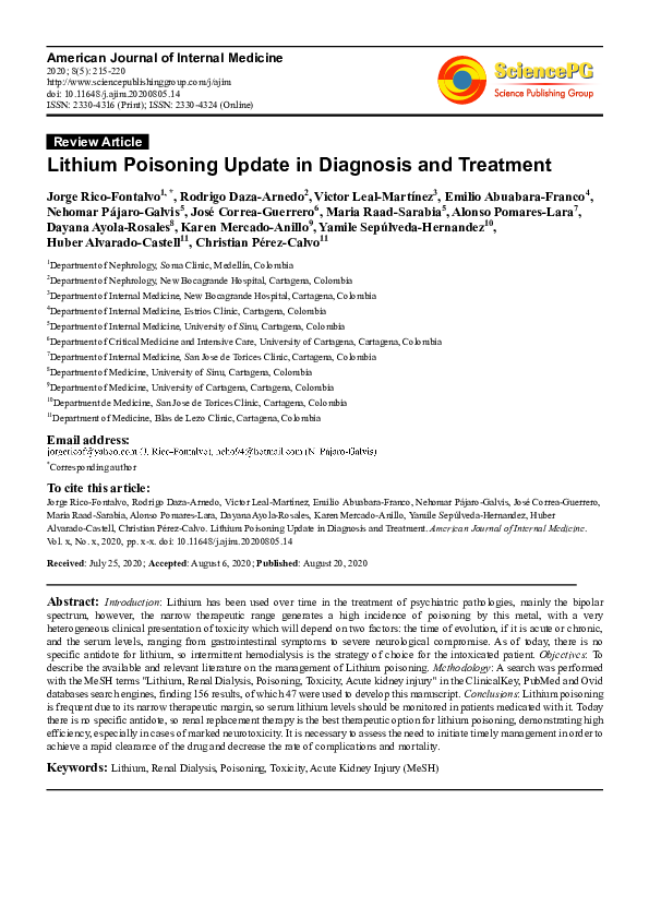 (PDF) Lithium Poisoning Update in Diagnosis and Treatment