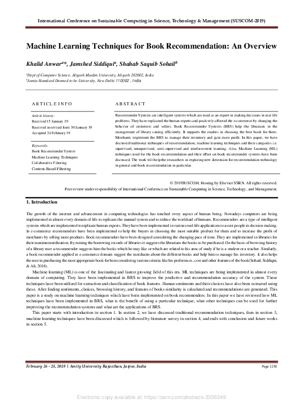 (PDF) Machine Learning Techniques for Book Recommendation: An Overview