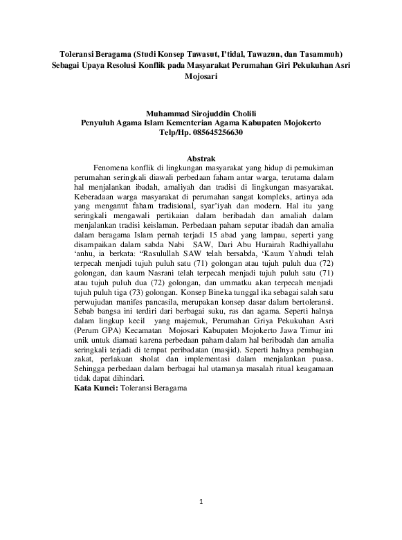 (PDF) Toleransi Beragama (Studi Konsep Tawasut, I’tidal, Tawazun, dan ...