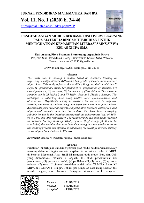 (PDF) Pengembangan Modul Berbasis Discovery Learning Pada Materi Jaringan Tumbuhan Untuk ...