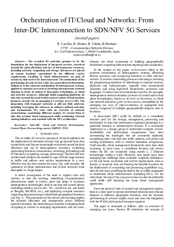 (PDF) Orchestration of IT/Cloud and Networks: From Inter-DC Interconnection to SDN/NFV 5G Services