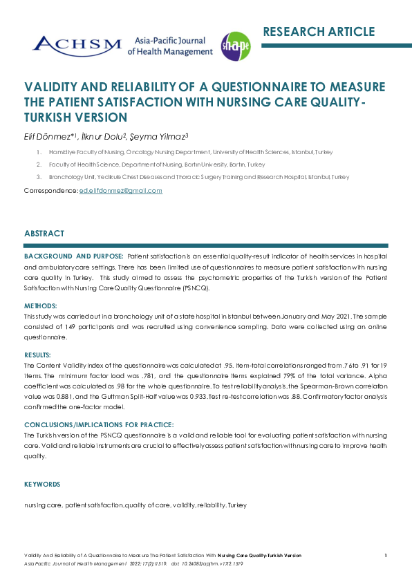 (PDF) Validity And Reliability of the Questionnaire to Measure the Patient Satisfaction With ...