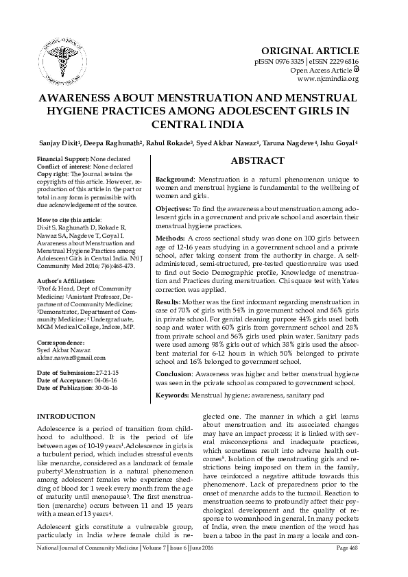 Pdf Awareness About Menstruation And Menstrual Hygiene Practices