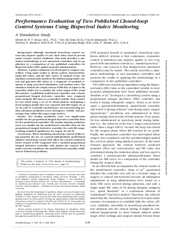 (PDF) Performance Evaluation of Two Published Closed-loop Control Systems Using Bispectral Index ...