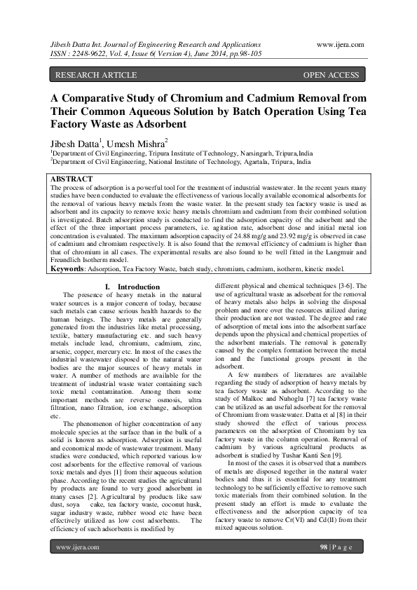 (PDF) A Comparative Study of Chromium and Cadmium Removal from Their ...