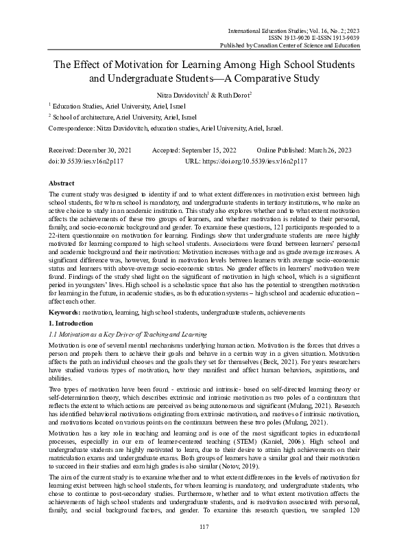 (PDF) The Effect of Motivation for Learning Among High School Students and Undergraduate ...