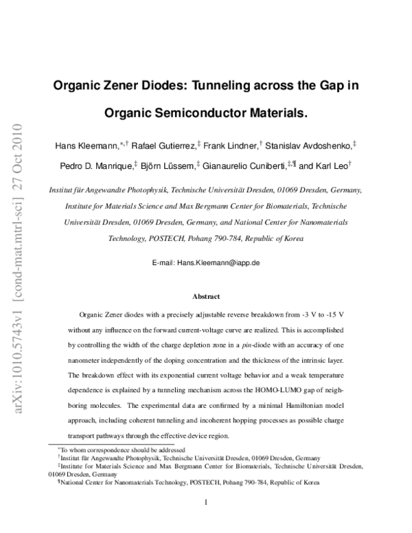 (PDF) Organic Zener Diodes: Tunneling across the Gap in Organic Semiconductor Materials | Rafael ...