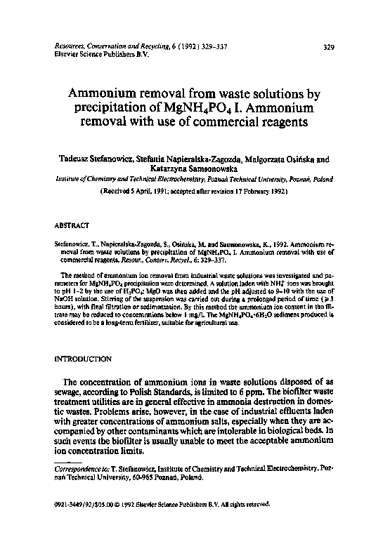 (PDF) Ammonium removal from waste solutions by precipitation of ...