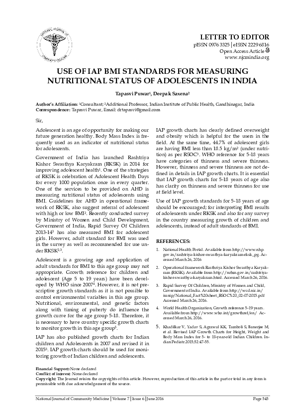 USE OF IAP BMI STANDARDS FOR MEASURING NUTRITIONAL STATUS OF ...