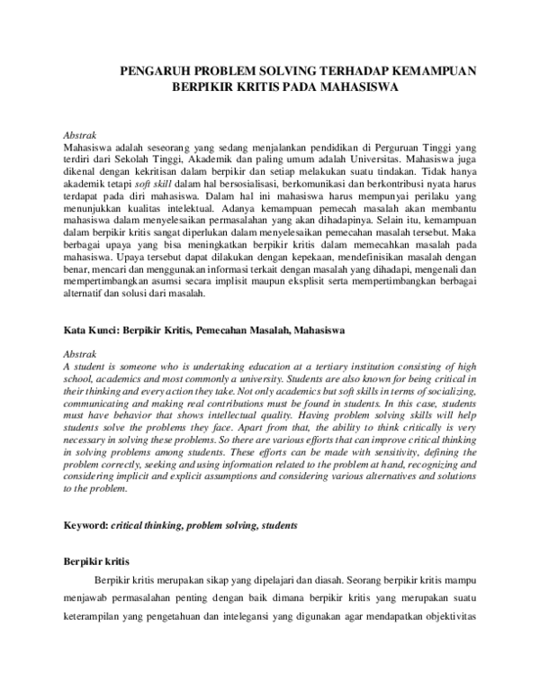 (PDF) PENGARUH PROBLEM SOLVING TERHADAP KEMAMPUAN BERPIKIR KRITIS PADA MAHASISWA
