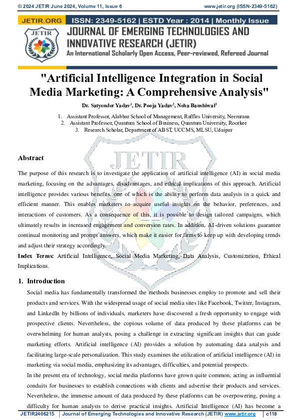 (PDF) "Artificial Intelligence Integration in Social Media Marketing: A Comprehensive Analysis"