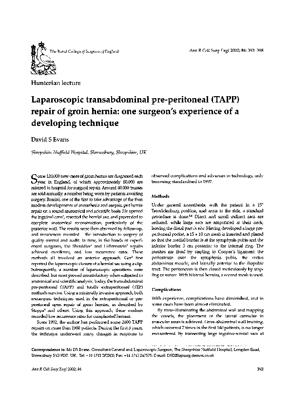 (PDF) Laparoscopic transabdominal pre-peritoneal (TAPP) repair of groin hernia: one surgeon's ...