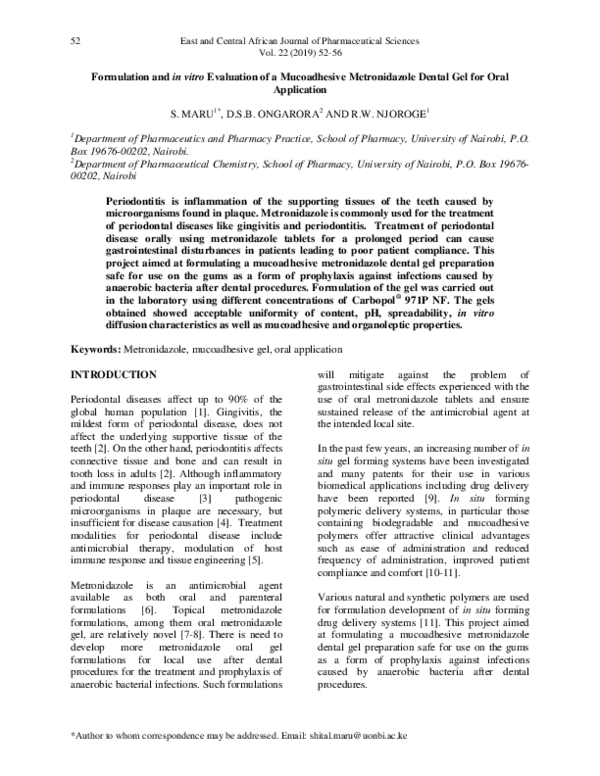 Pdf Formulation And In Vitro Evaluation Of A Mucoadhesive Metronidazole Dental Gel For Oral