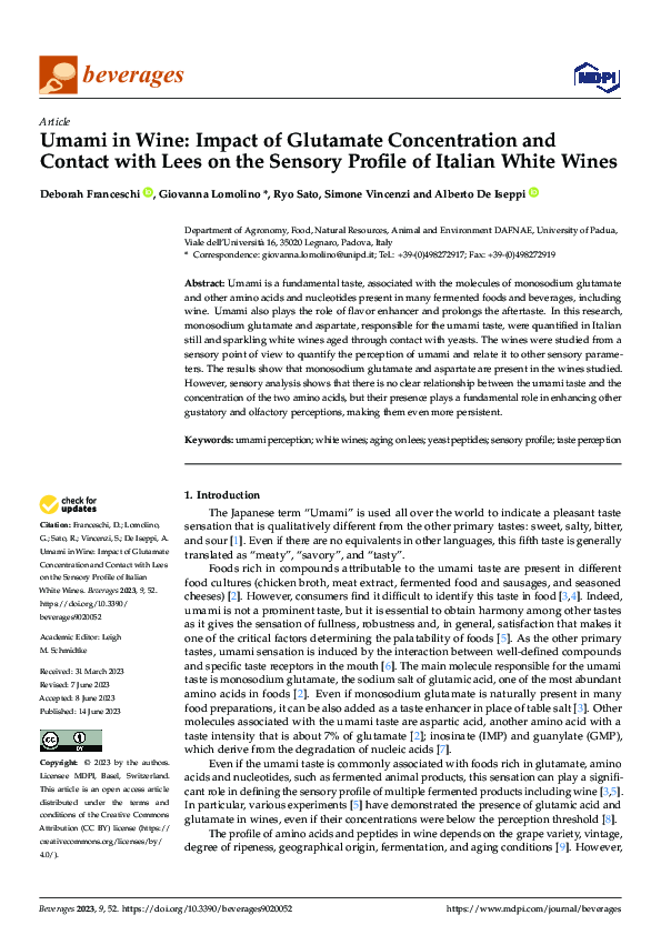 (PDF) Umami in Wine: Impact of Glutamate Concentration and Contact with Lees on the Sensory ...