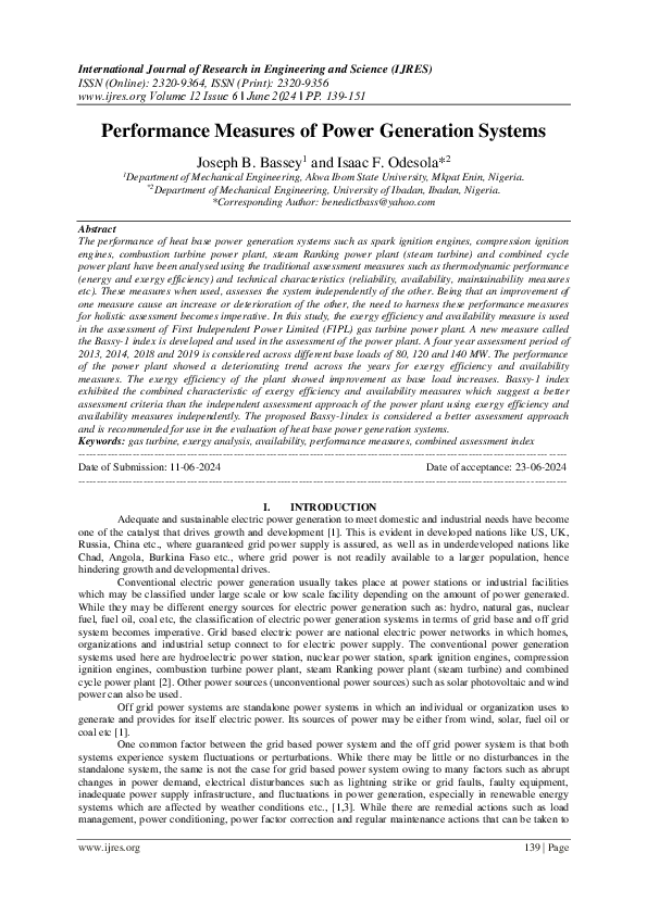 (PDF) Performance Measures of Power Generation Systems