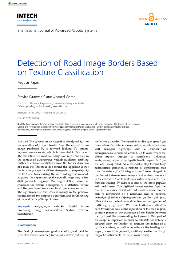 (PDF) Detection of Road Image Borders Based on Texture Classification