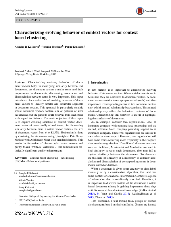 (PDF) Evolving Context Vectors for Document Clustering