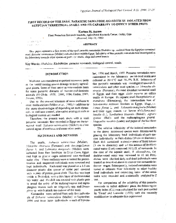 (PDF) FIRST RECORD OF THE SNAIL PARASITIC NEMATODE, RHABDITIS SP ...